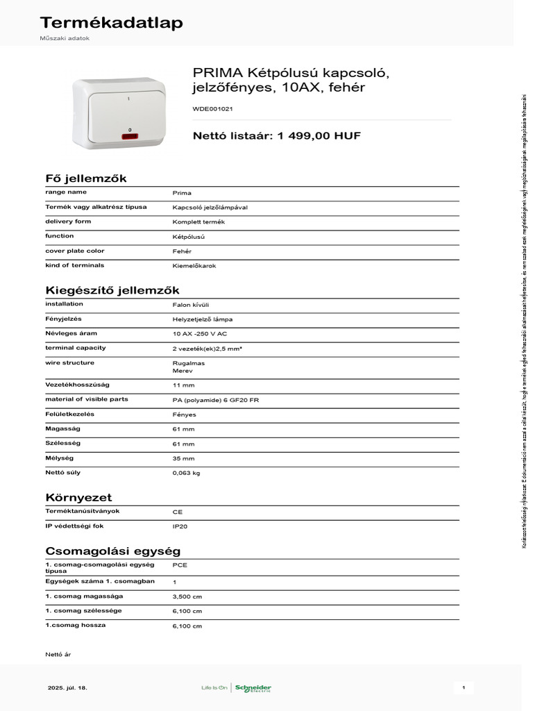 Schneider Electric_Falon-kívüli-kapcsoló-Prima-IP-20_WDE001021 | PDF