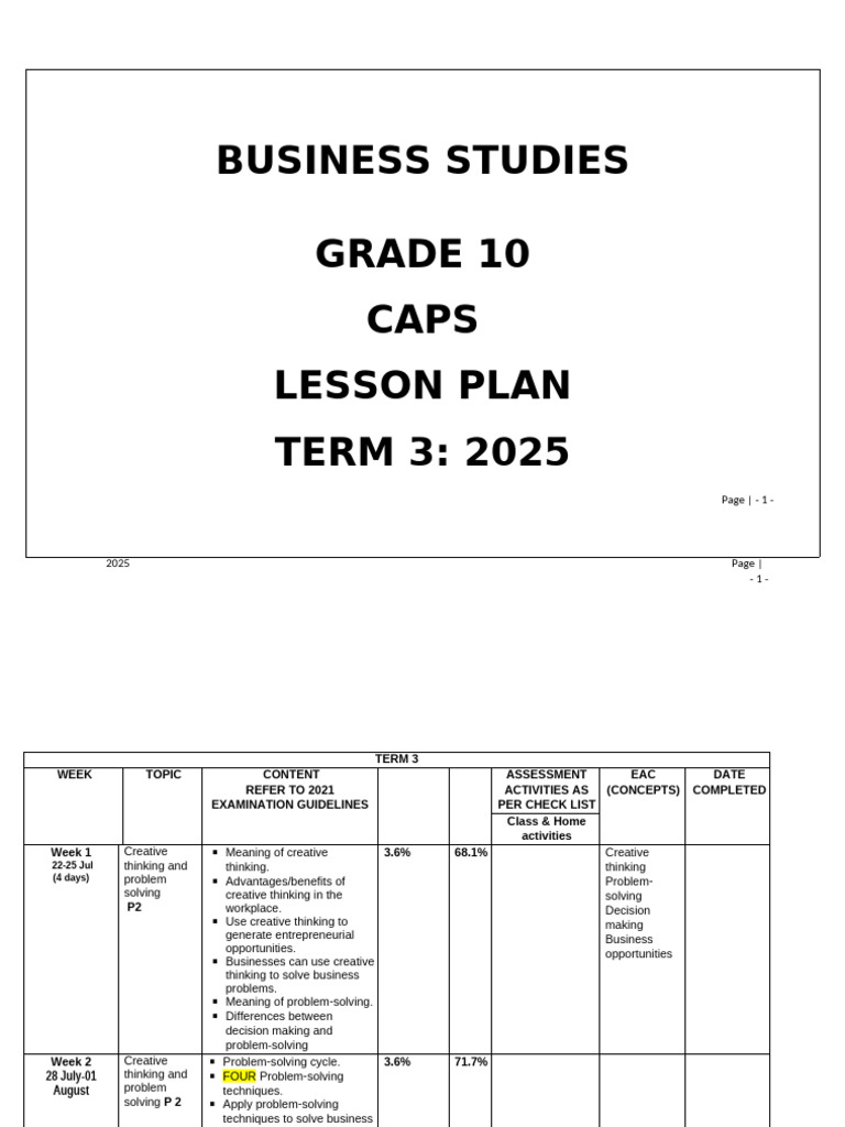 2025 Business Studies Grade 10 LESSON PLAN TERM 3 | PDF | Behavioural ...