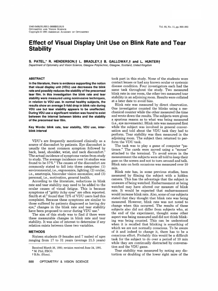 Effectof Visual Display Unit Useon Blink Rateand Tear Stability | PDF