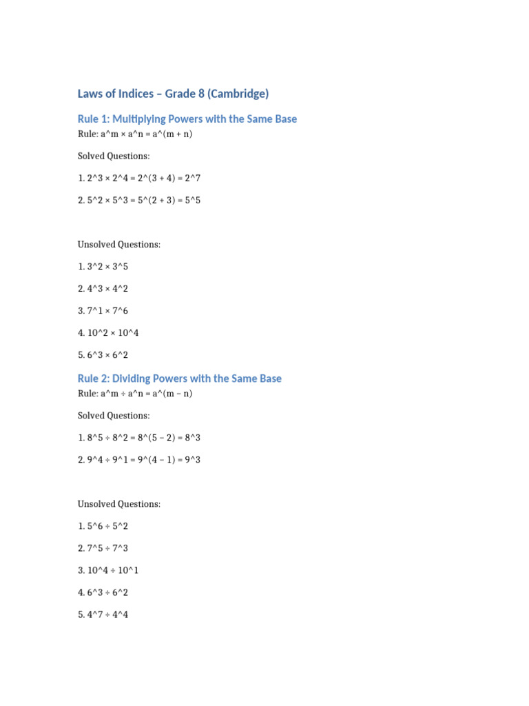 Laws of Indices for Grade 8 Students | PDF
