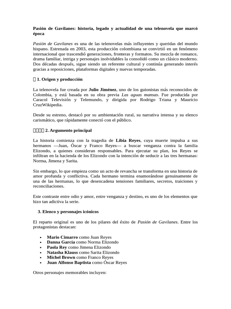 Información Sobre Novela Pasión de Gavilanes | PDF