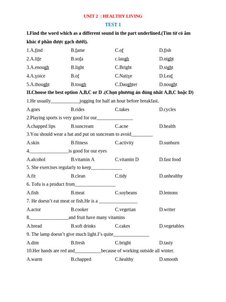 Healthy Living Test Questions and Exercises | PDF