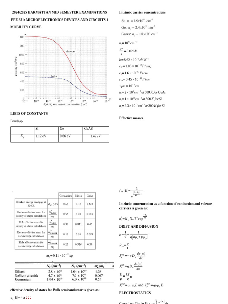 Eee 351 2024 2025 Mid Semester Formula Sheet | PDF | Physical ...
