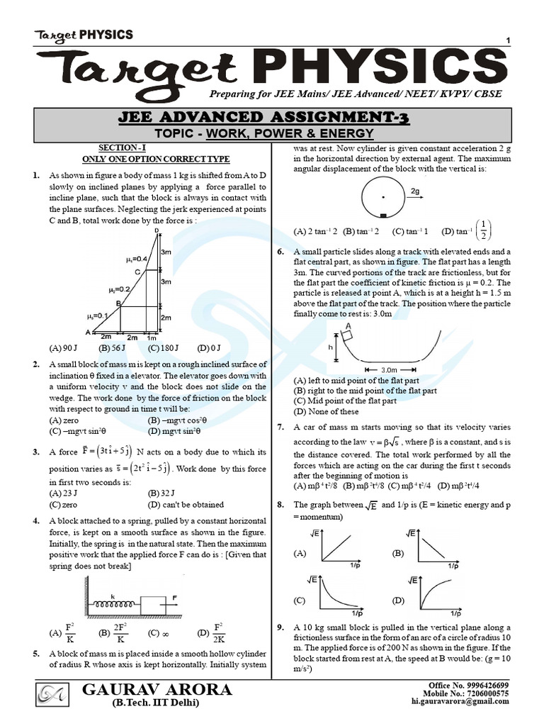JEE Physics Assignment: Work, Power & Energy | PDF | Force | Kinetic Energy