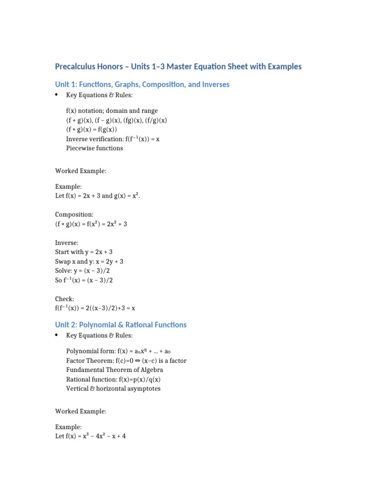 Precalculus Units 1 to 3 Master Equations With Examples | PDF