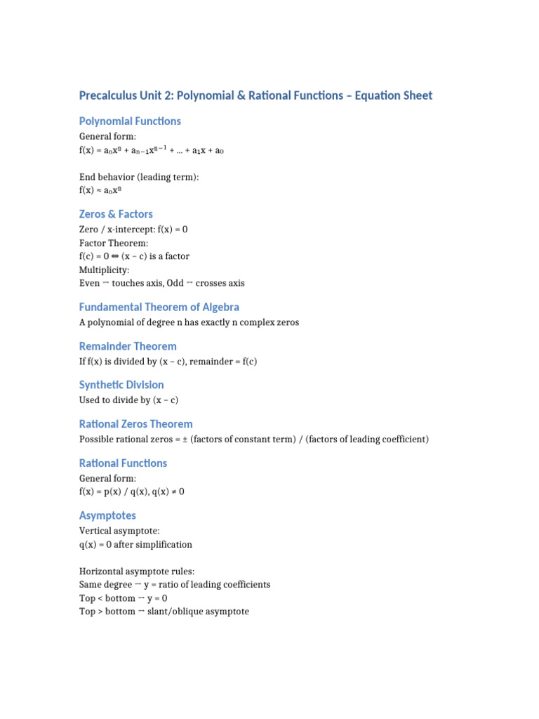 Precalculus Unit 2 Equation Sheet | PDF