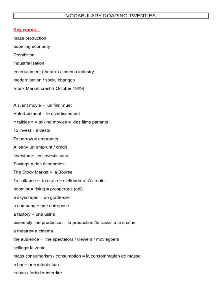 Vocabulary Roaring Twenties | PDF