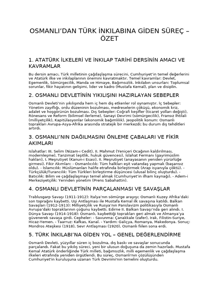 Osmanli'Dan Turk Inkilabina Ozet Turkce | PDF