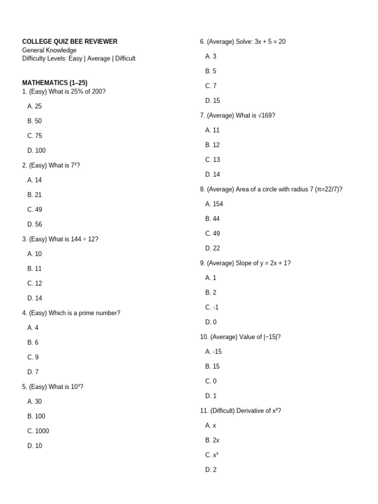 College Quiz Bee Reviewer Guide | PDF | Poetry | Homer