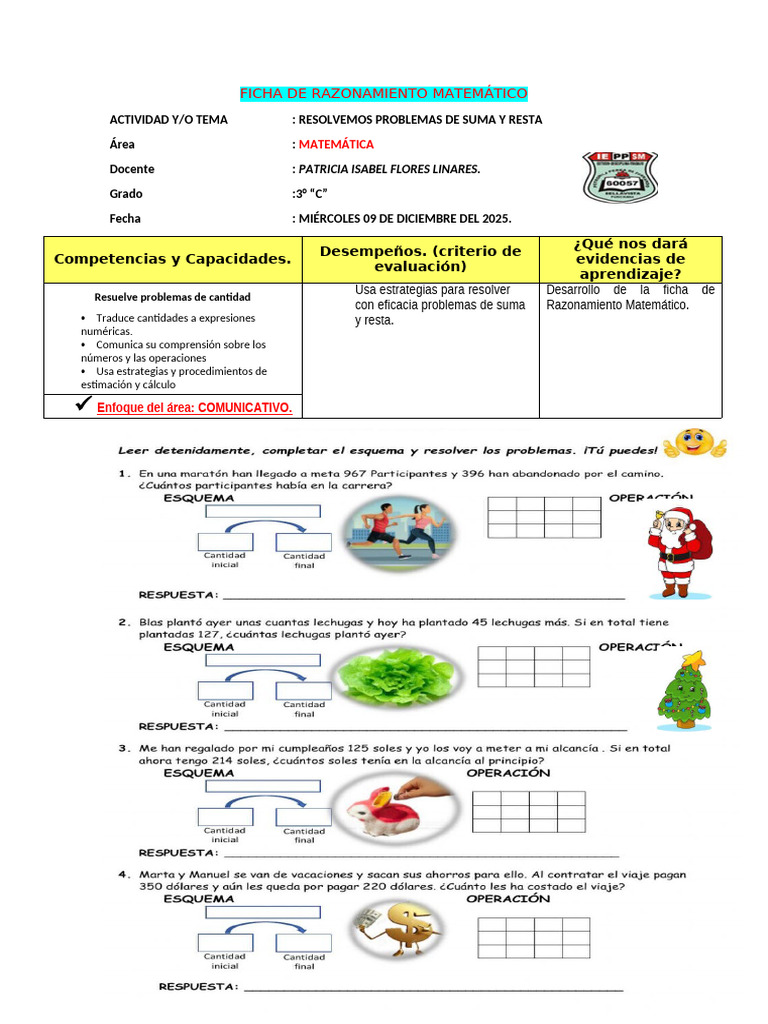 Ficha de Razonamiento Matemáticproblemas de Suma y Resta | PDF