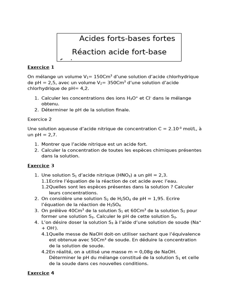 Calculs de pH et concentrations en acides | PDF | Ph | Concentration ...