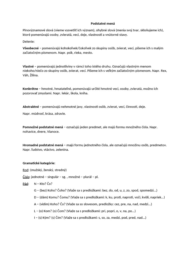 Podstatné Mená - Opakovanie | PDF