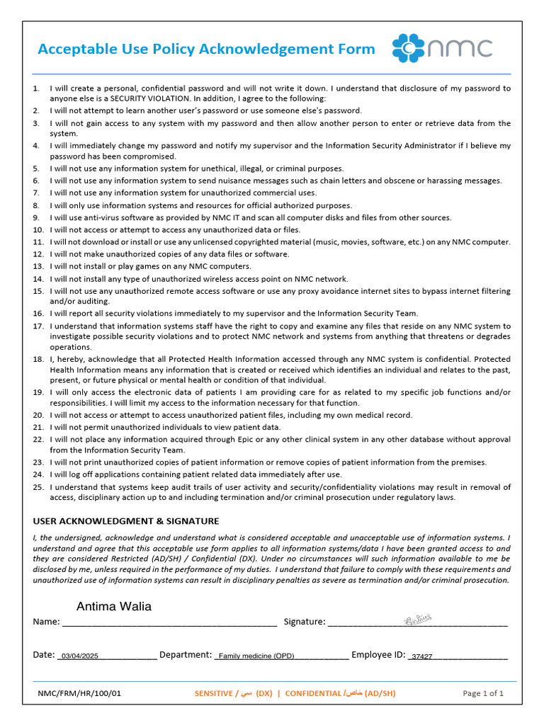 Acceptable Use Policy Acknowledgement Form | PDF | Information Security ...