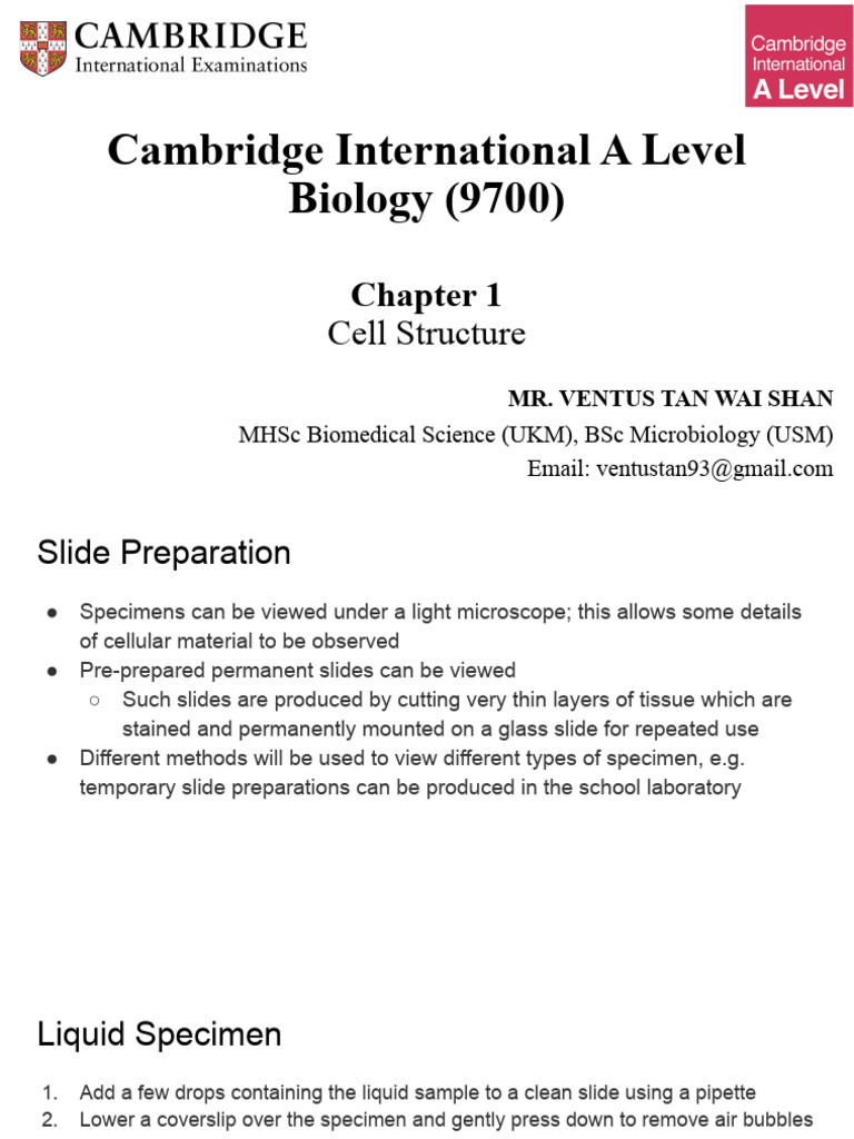 A Level Biology Chapter 1 Cell Structure | PDF