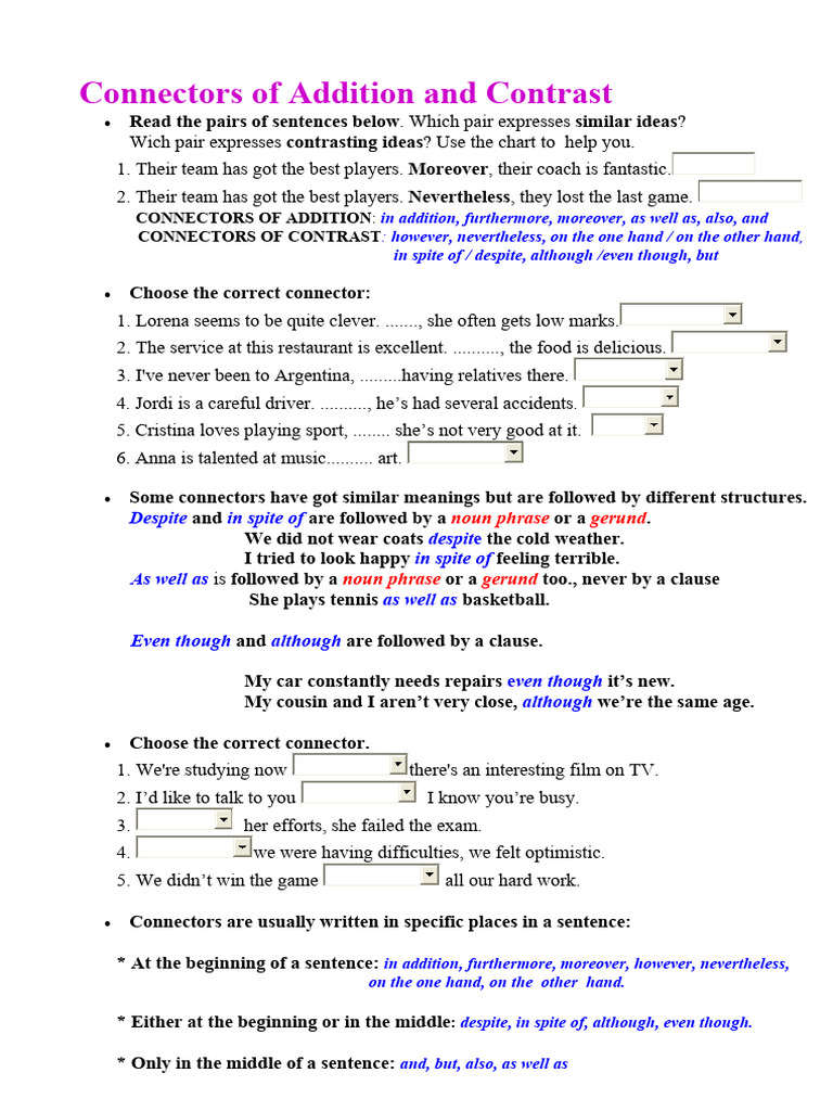 Connectors for Addition and Contrast | PDF | Grammar | Linguistic ...