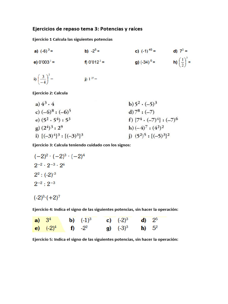 Ejercicios de Repaso Tema 3 Potencias y Raíces | PDF