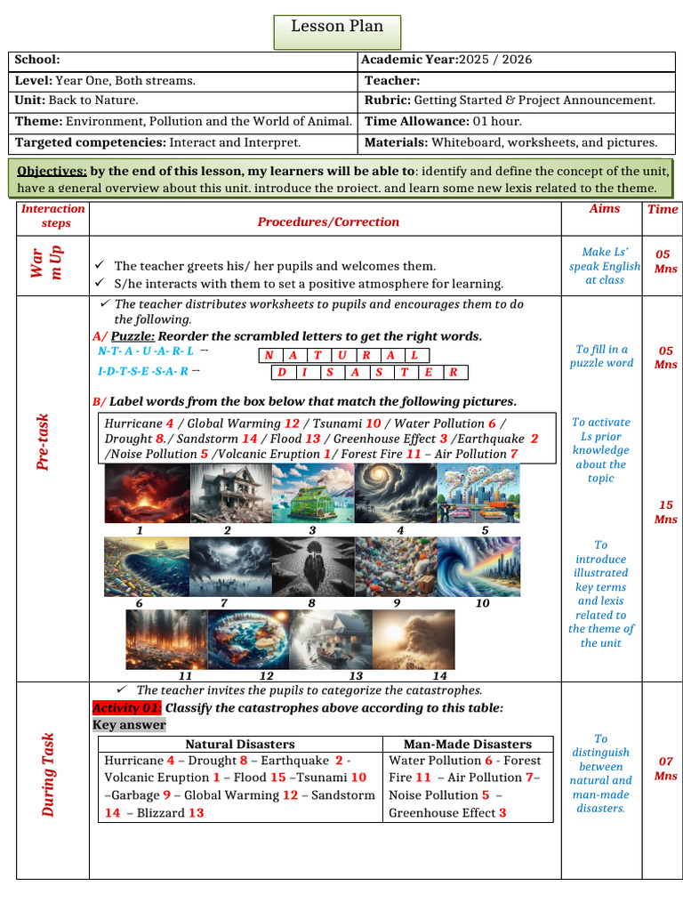 Year One Lesson Plan: Environment & Disasters | PDF | Climate Change ...