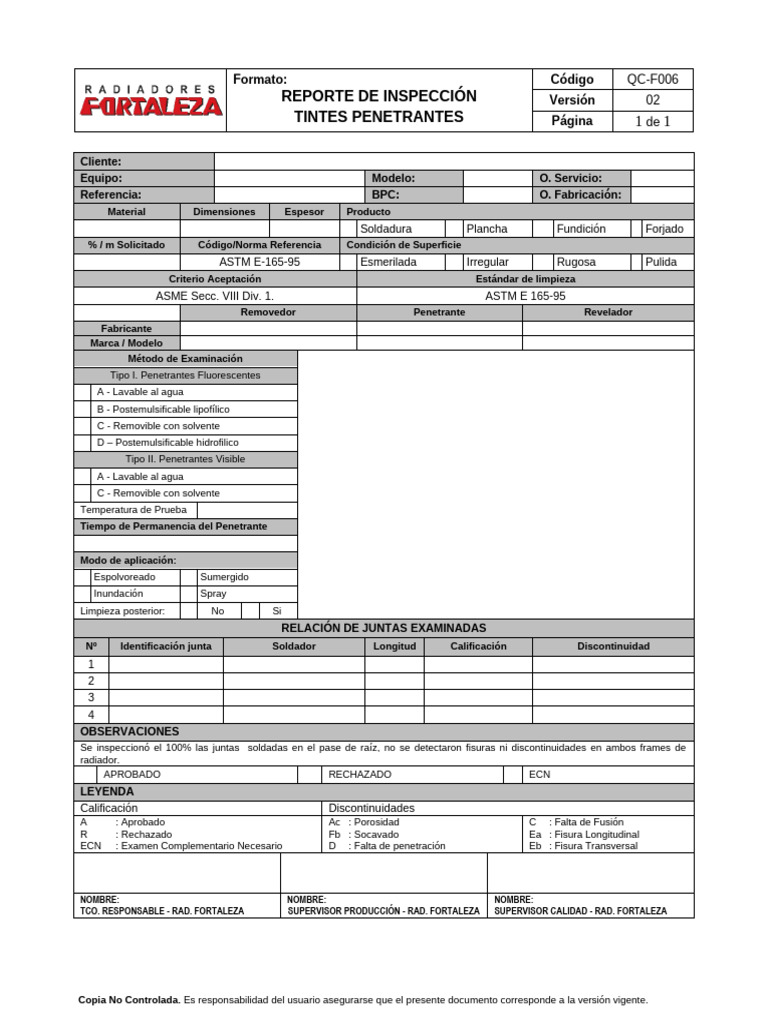 REG. TINTES PENETRANTES (QC-F006) | PDF | Ingeniería mecánica ...