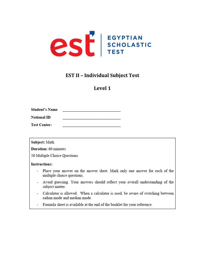 EST II Math Level 1 October 2021 | PDF | Area | Mathematical Objects
