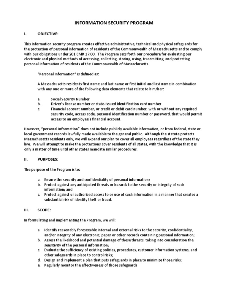 Information Security Program: I. Objective | PDF | Personally ...