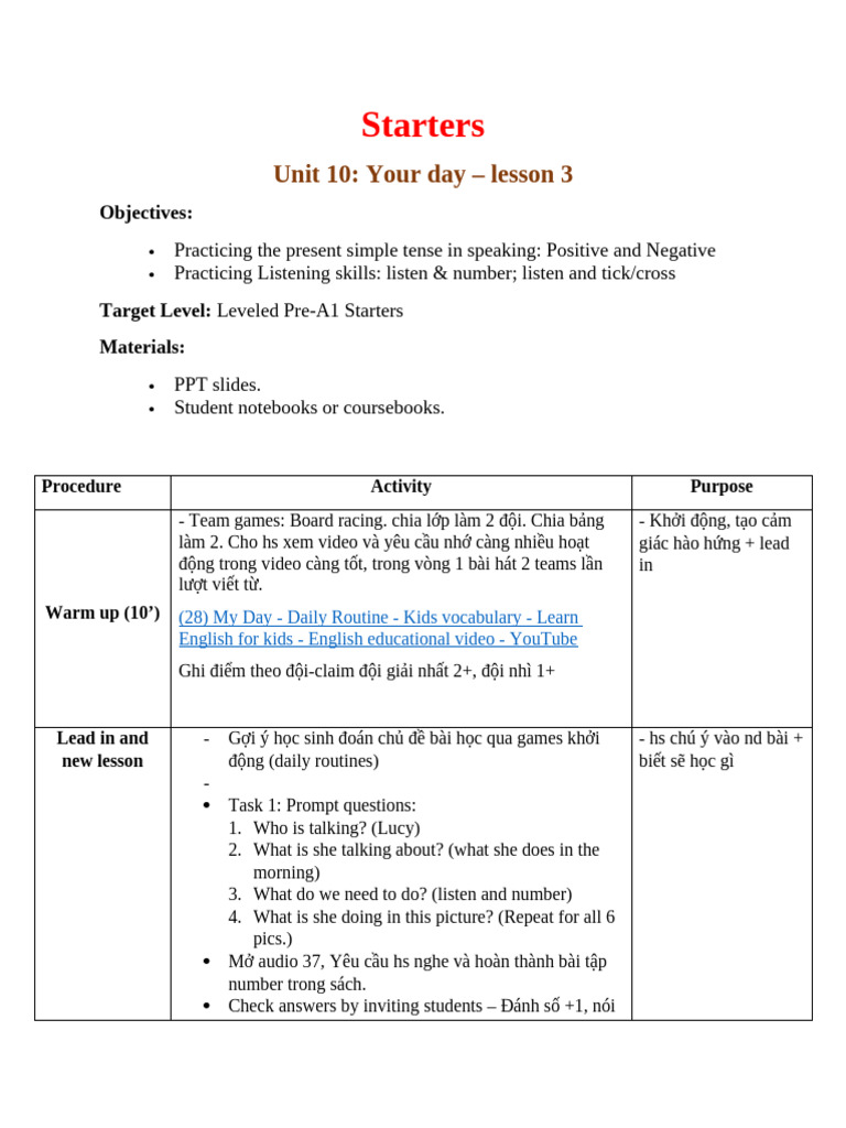 Lesson Plan Starter Unit 10 - Lesson 3 | PDF