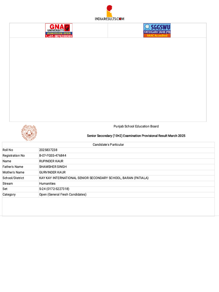 Senior Secondary (10+2) Examination Provisional Result March 2025 | PDF