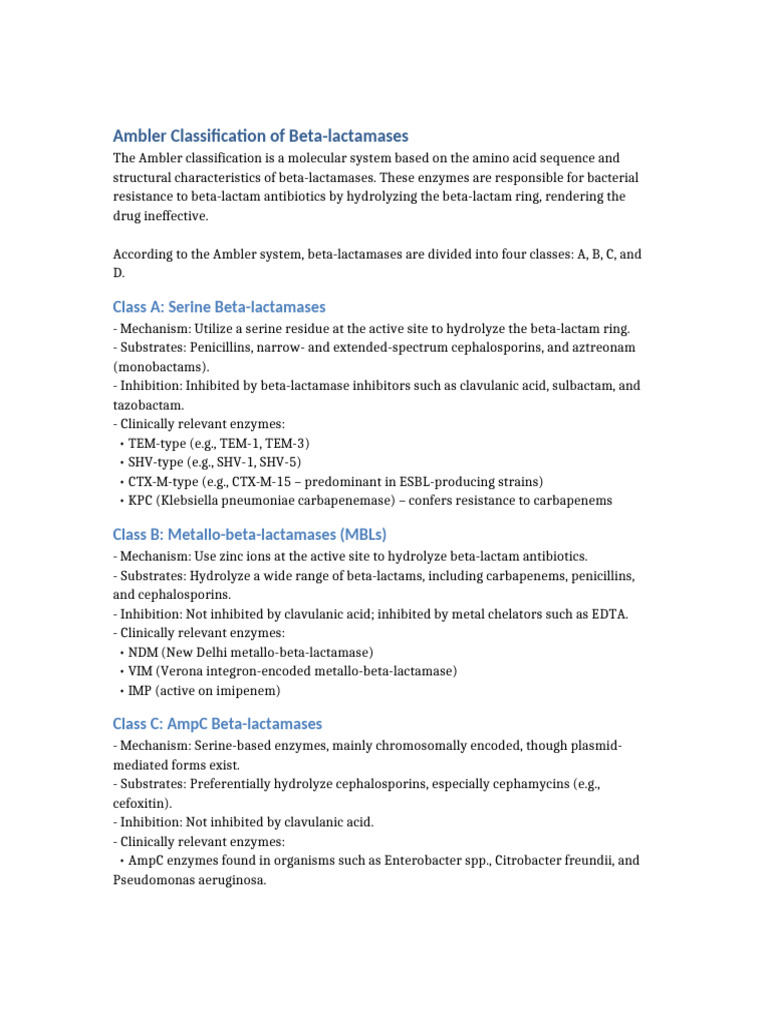 Ambler Beta-lactamase Classification Guide | PDF | Beta Lactamase ...