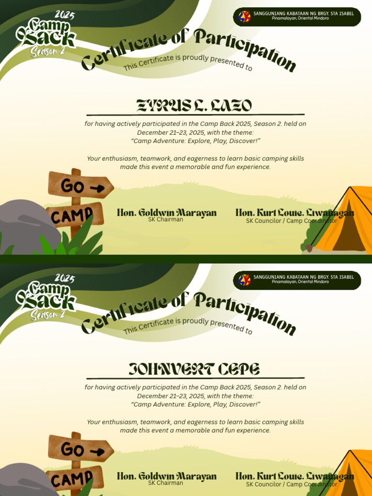 School Backyard Camping Certificate in Green Color Illustrative Style ...
