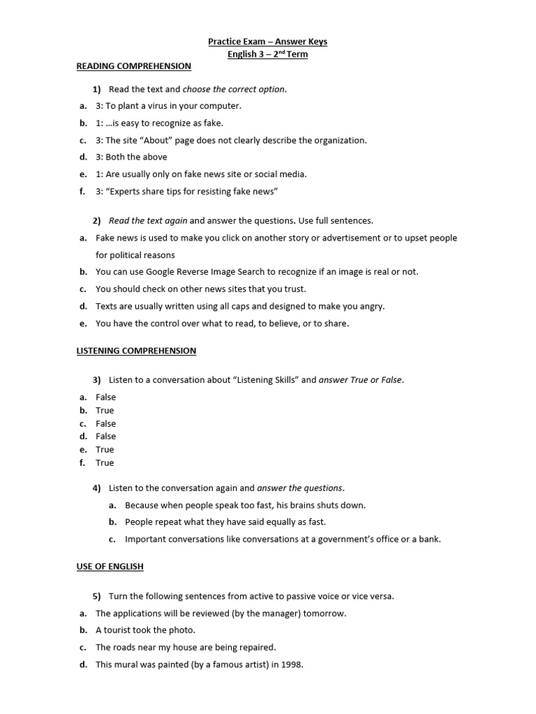 Practice Exam - Answer Keys | PDF