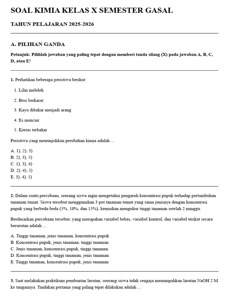 Soal Kimia Kelas X Semester Gasal | PDF