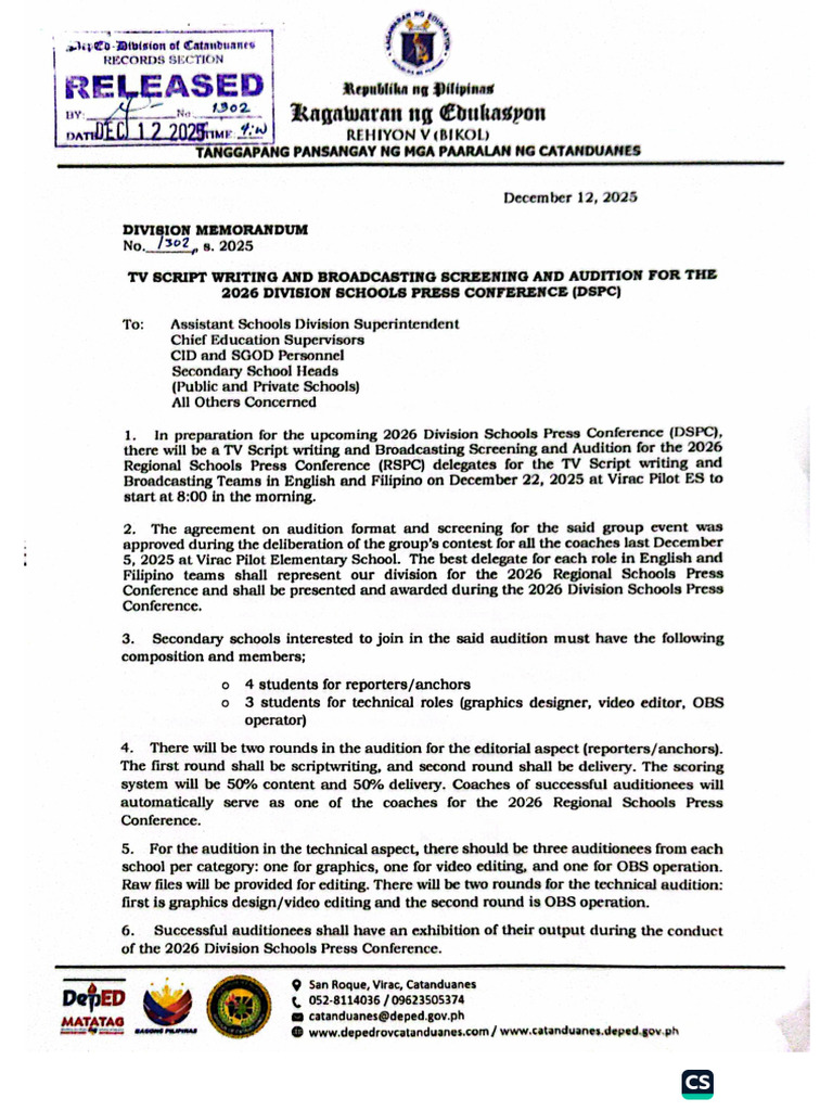 REC DM 1302 s.2025 TV Script Writing Broadcasting Screening Audition ...