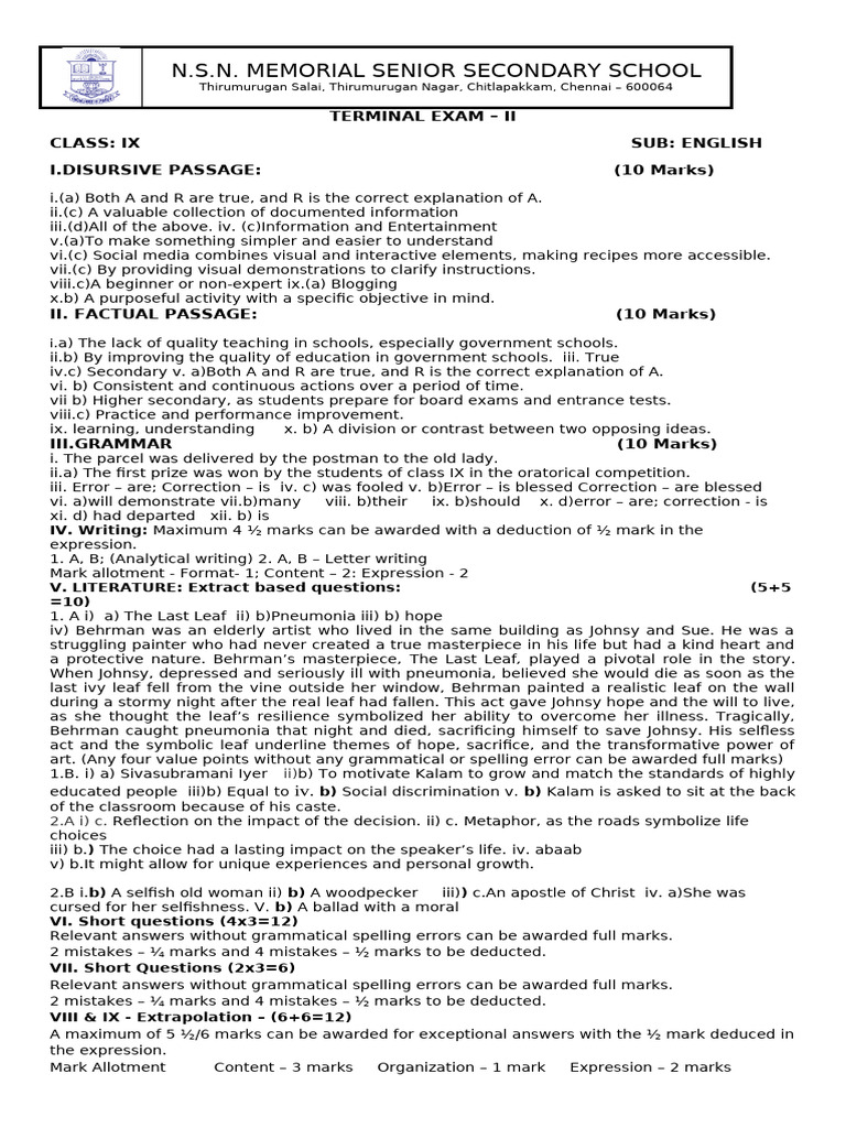 Class IX English Terminal Exam Guide | PDF