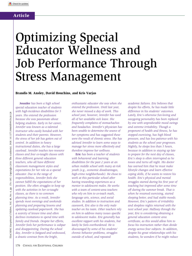Ansley Et Al 2016 Optimizing Special Educator Wellness and Job ...