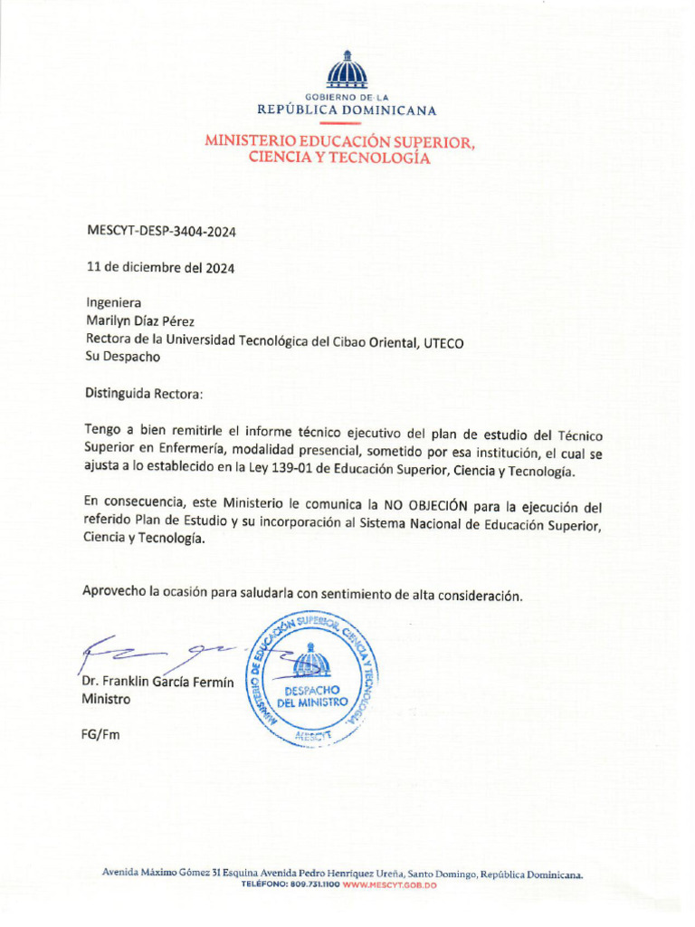 MESCYT-DESP-3404-UTECO-2024- No Objecion - Técnico Superior en ...