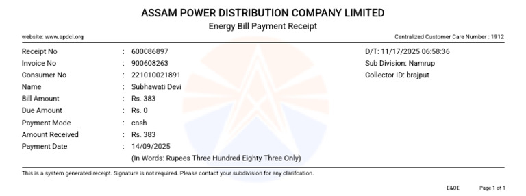 Energy Bill Payment Receipt: Centralized Customer Care Number: 1912 | PDF
