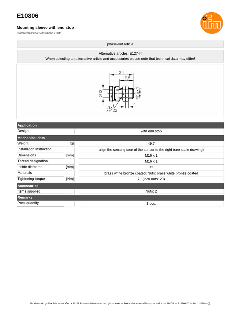 Mounting Sleeve With End Stop: Application Mechanical Data | PDF