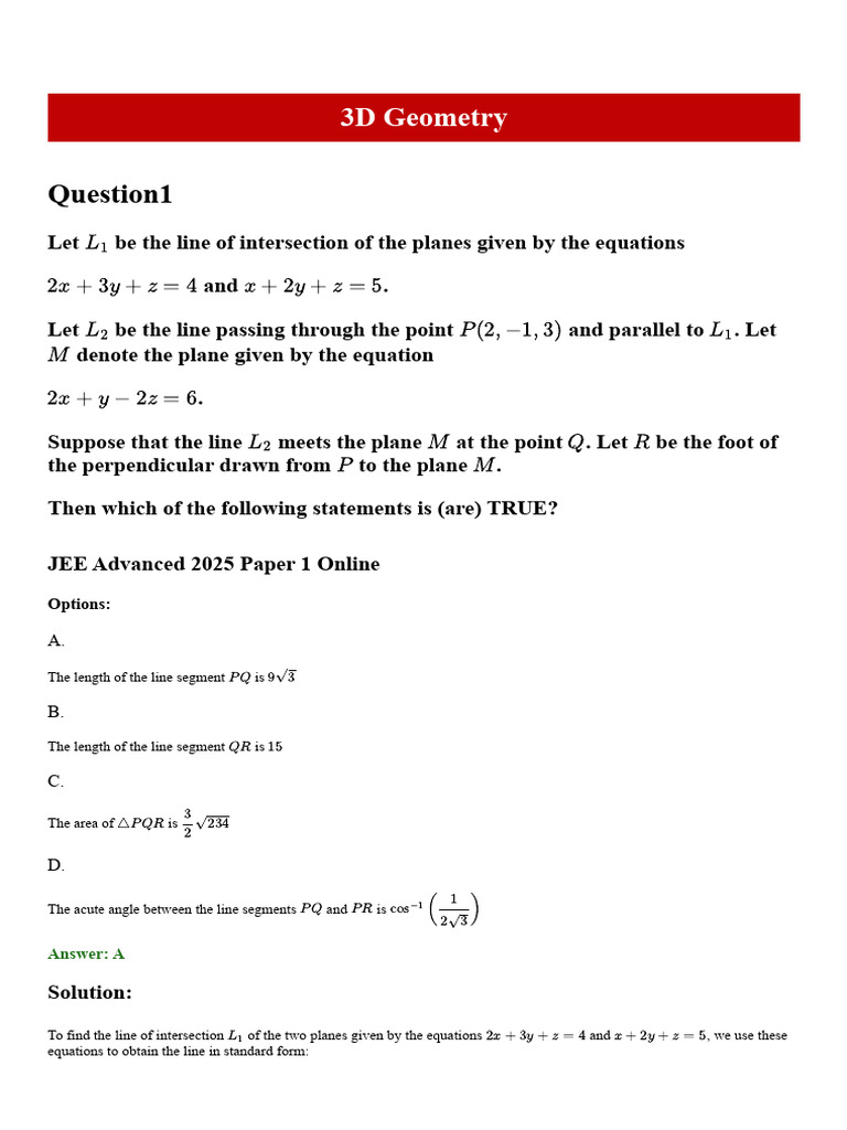 3D pyq | PDF | Line (Geometry) | Triangle