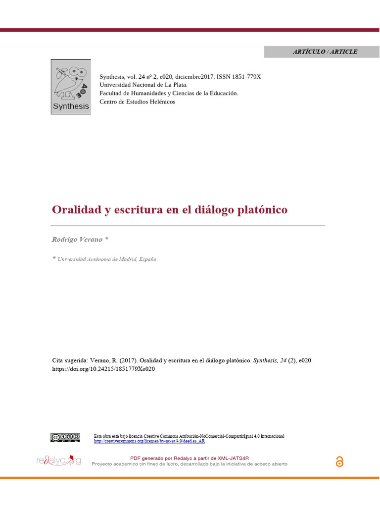 Oralidad y escritura en el diálogo platónico - 1851-779X-synth-24-2-e020 | PDF | Platón