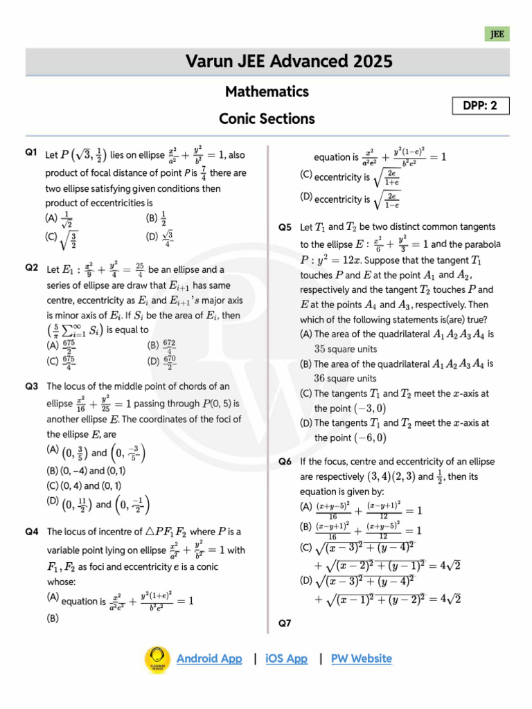 Conic Section DPP 02 Varun JEE Advanced 2025 Ƭʜᴇ Dᴀʀᴋ Kɴɪɢʜᴛ ...
