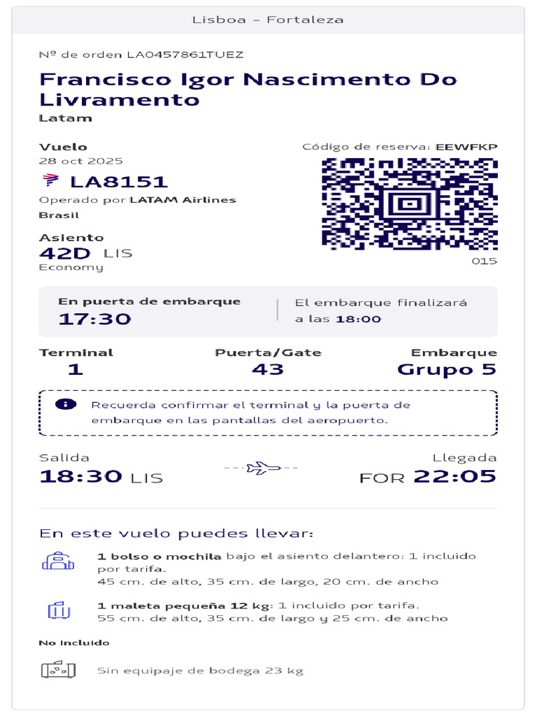 Tarjeta de Embarque Francisco Igor N LA8151 | PDF