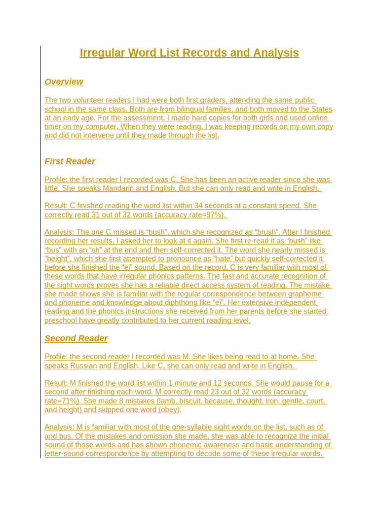Irregular Word Reading Analysis in First Graders | PDF | Phonics ...