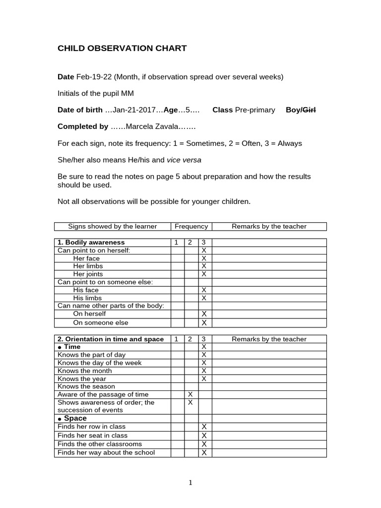 Child Observation Chart for Pre-Primary | PDF | Linguistics | Human ...