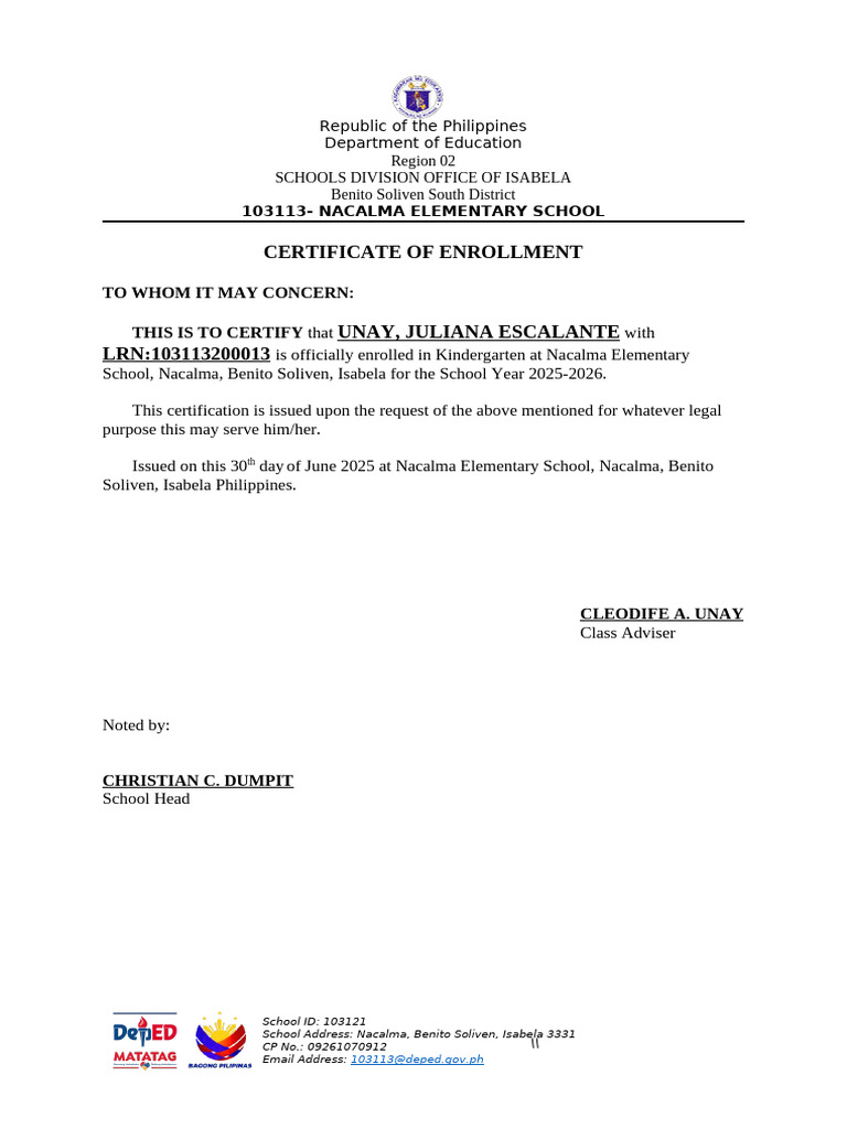 Nacalma Elementary School Enrollment Certificate | PDF
