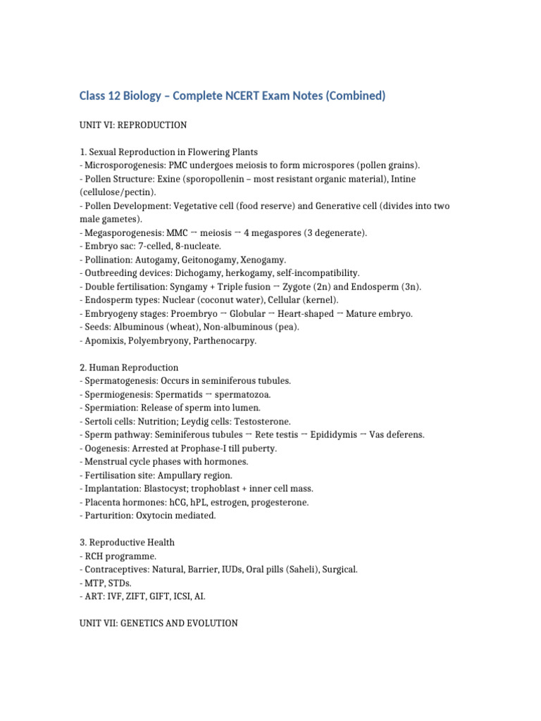 Class 12 Biology NCERT Exam Notes | PDF | Fertilisation | Genetics