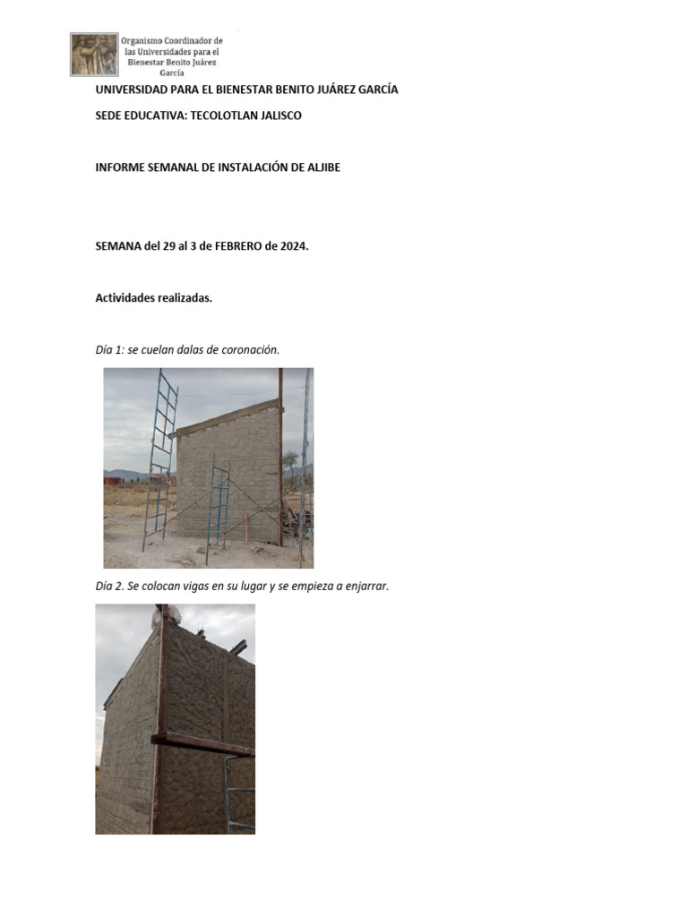 Bitacora de Obra Aljibe Semana 9-03 FEBRERO 2024 | PDF