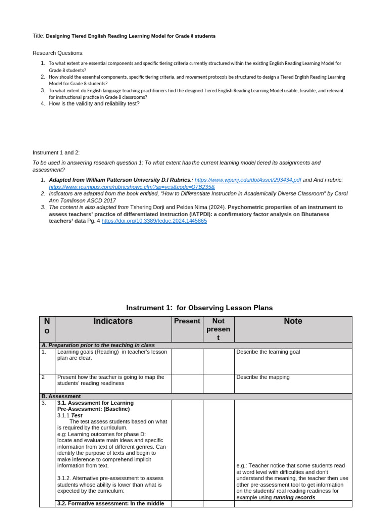 Instruments for observing lesson plans and classroom teaching | PDF ...