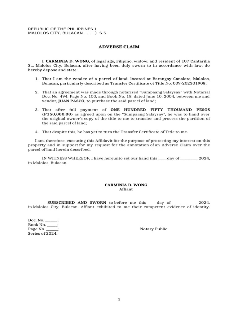 Adverse Claim Carminia Wong | PDF