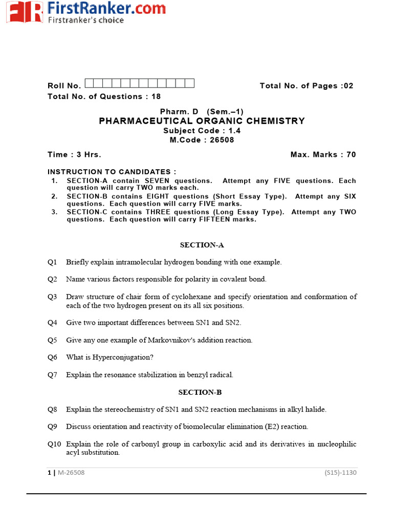 Ptu d Pharm 2019 1 May Pcm 26508 Pharmaceutical Organic Chemistry ...
