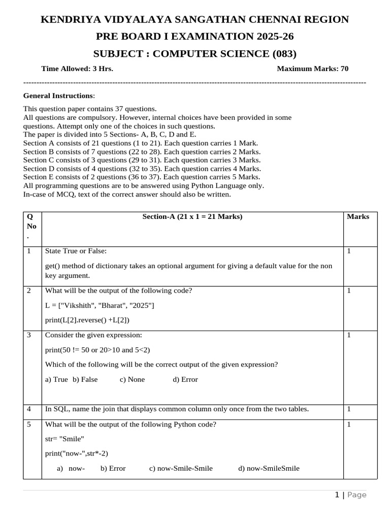 PB I CLASS XII CS 2025-26_SET 1 QP | PDF | Computer Network | Table ...