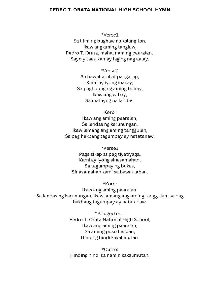 Pedro T. Orata National High School Hymn Verse1 Sa Lilim NG Bughaw Na ...